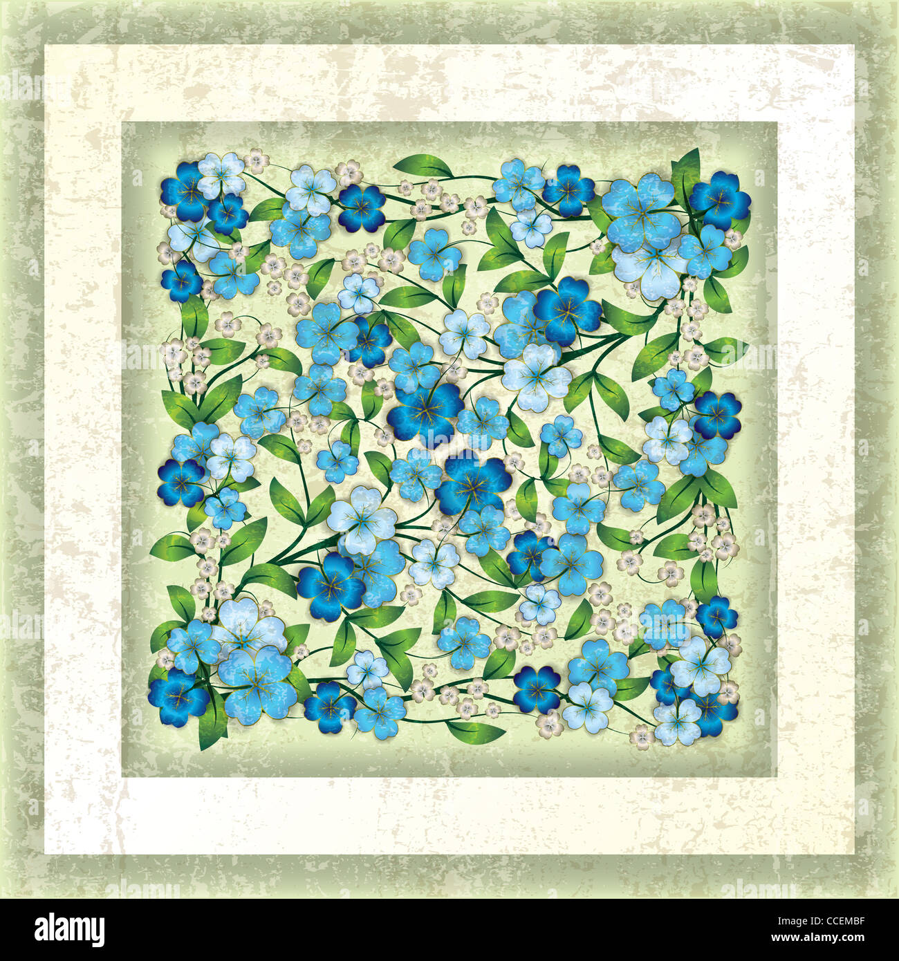 abstract green grunge background with blue spring flowers Stock Photo ...