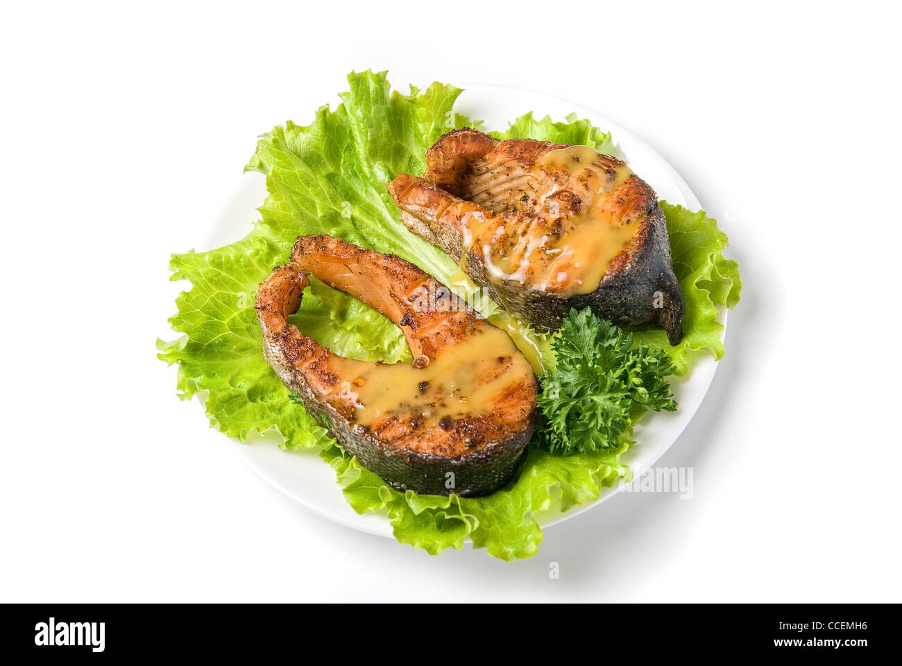 Tasty hunchback salmon fish dish isolated on a white background Stock ...