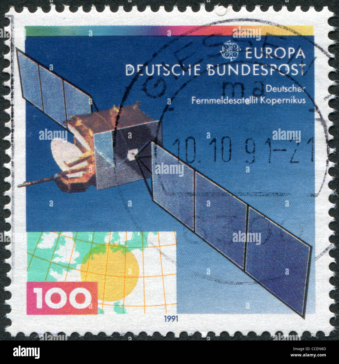 GERMANY - CIRCA 1991: A stamp printed in Germany, shows a geostationary ...