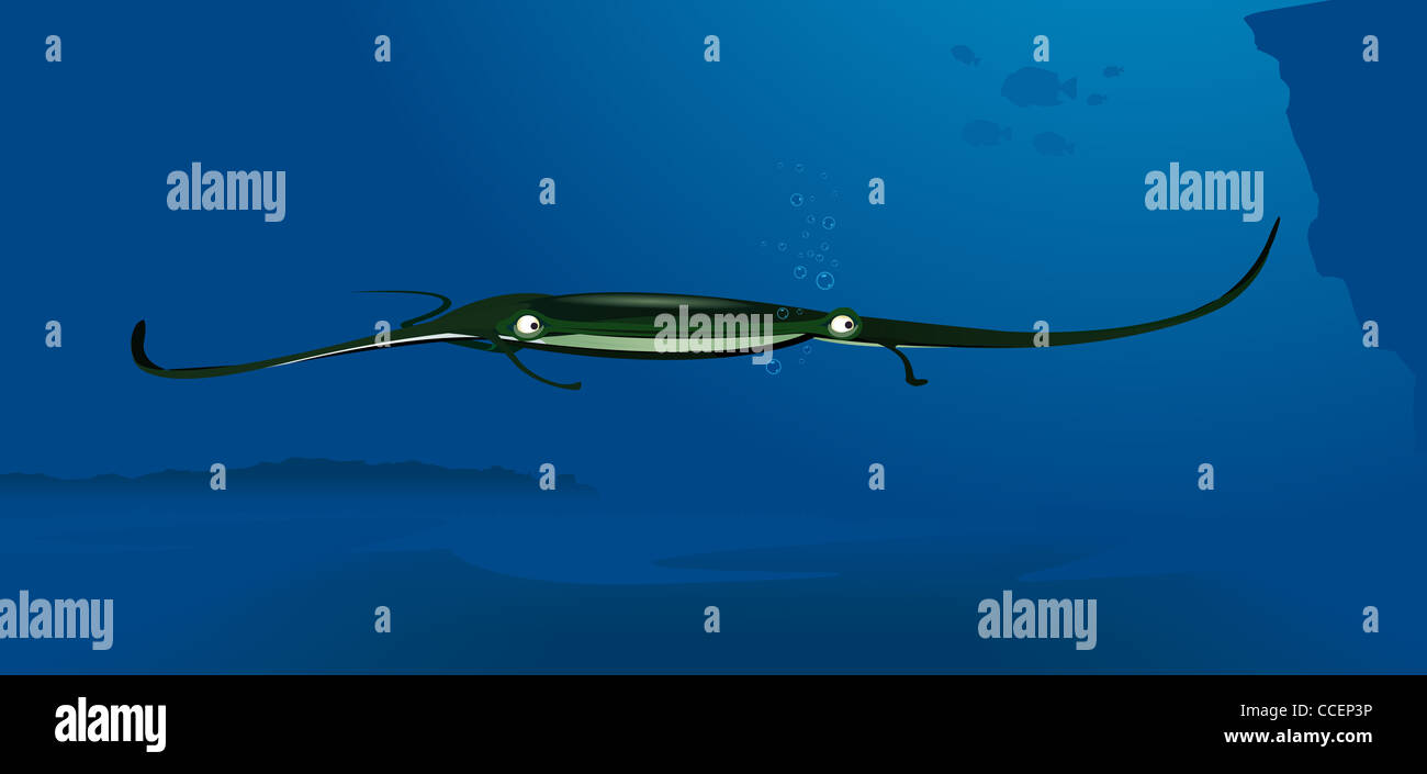 Illustration of a cartoon manta ray inside submarine landscape Stock ...