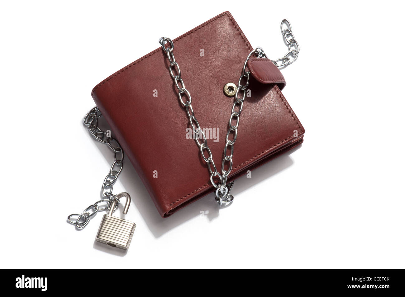A brown leather wallet with chain and padlock unlocked Stock Photo - Alamy