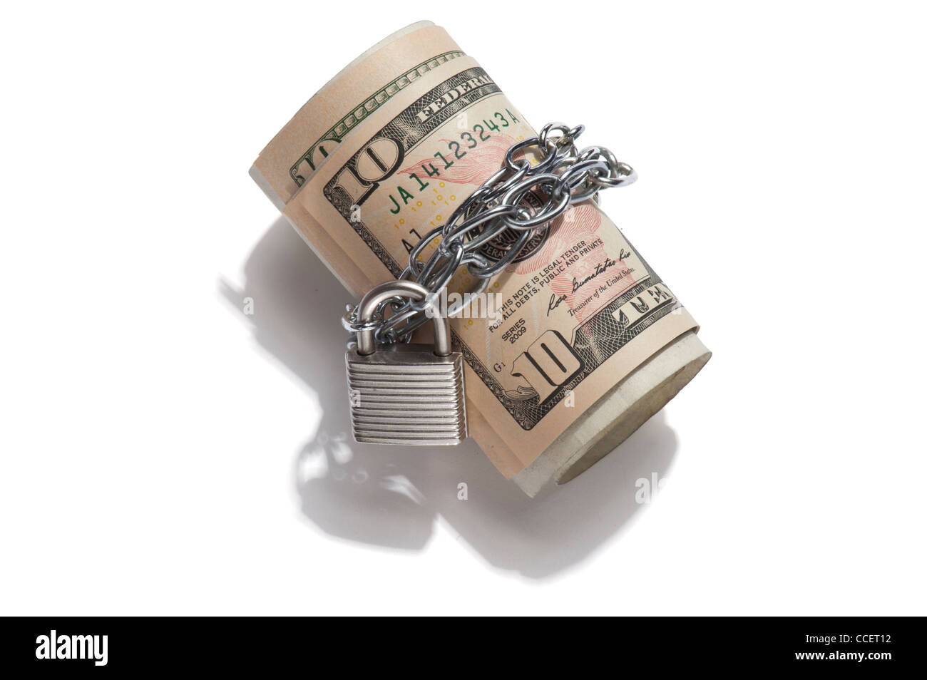 A roll of 10 dollar notes with a padlock and chain around it Stock ...
