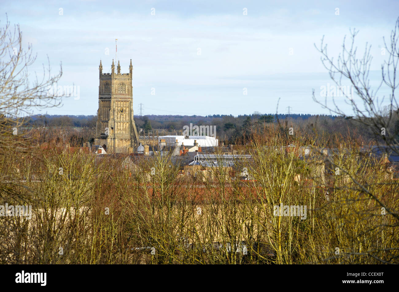 A distant view of Cirencester church taken from the Roman Amphitheatre ...