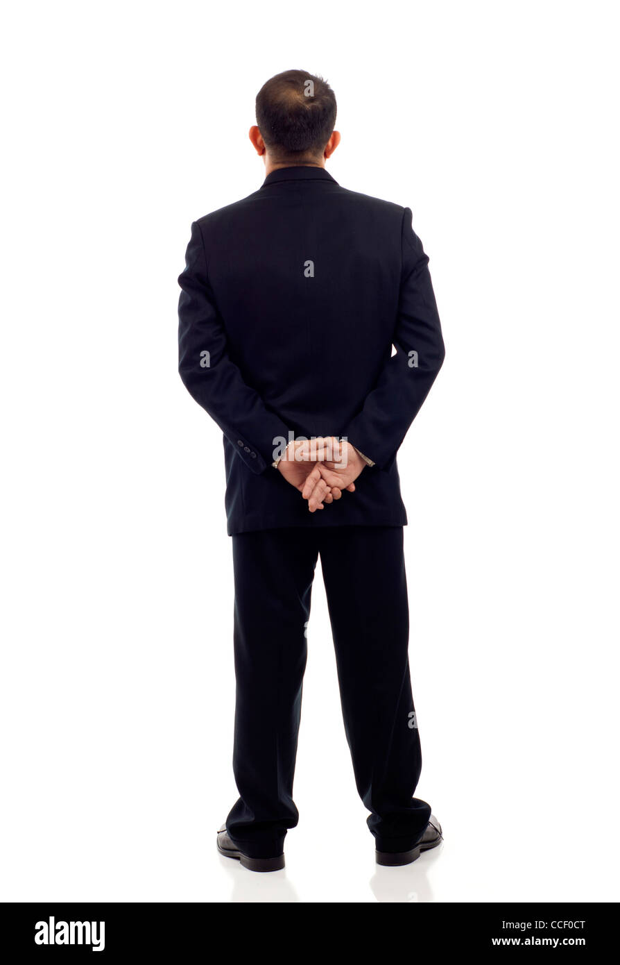 Back view of a middle aged Asian businessman isolated on white ...