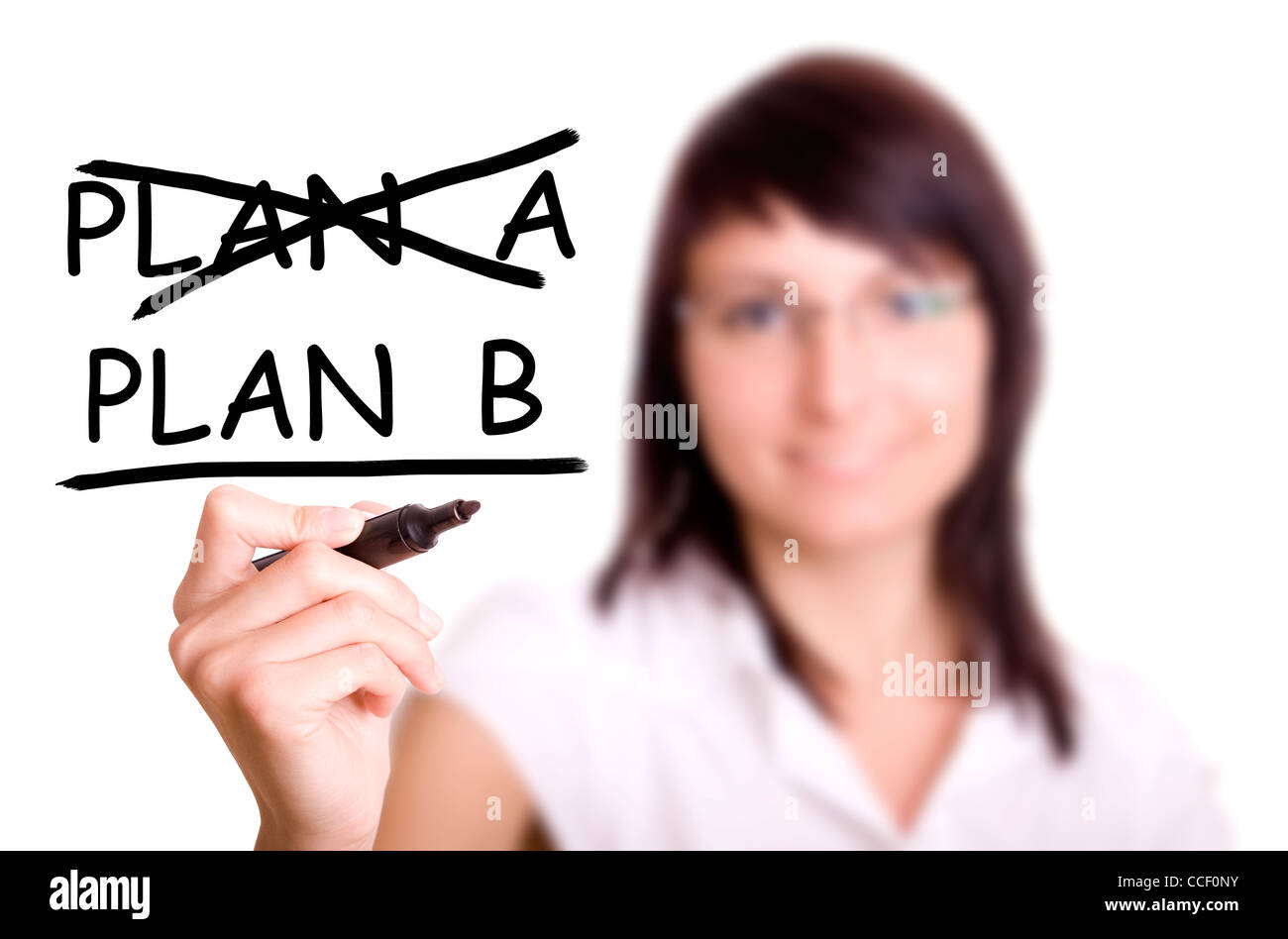 Business plan strategy changing. Woman crossing over Plan A, writing ...