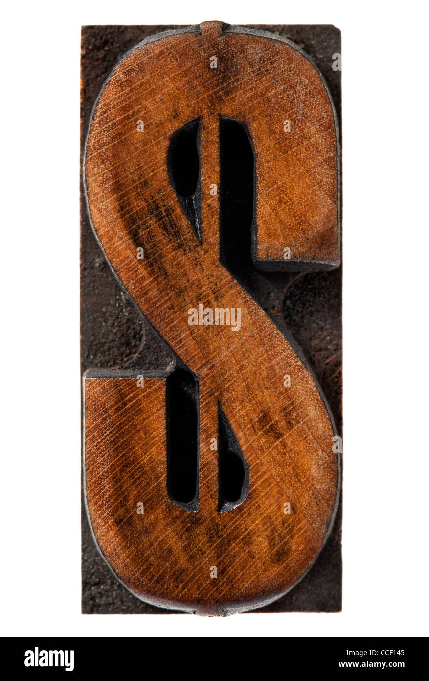 dollar sign - antique wood letterpress type block, isolated on white ...