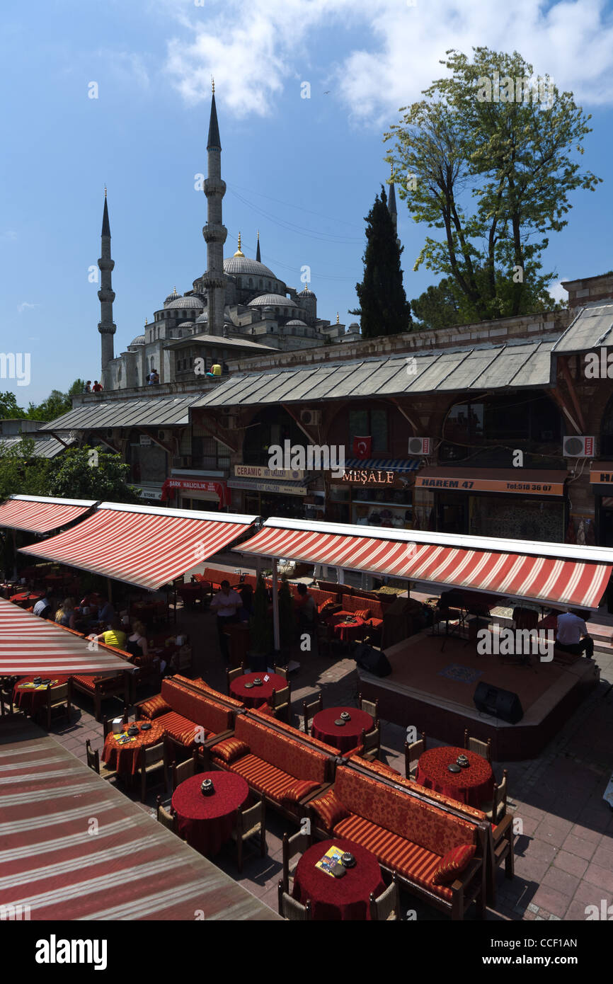 The Blue Mosque overlooking local restaurants in Istanbul Stock Photo ...