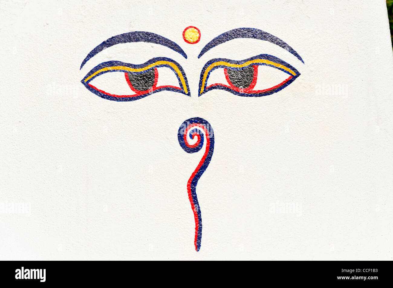 Buddha Eyes, aka Wisdom Eyes painted on white wall Stock Photo - Alamy