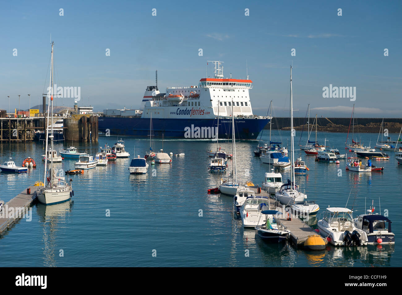 UK Channel Islands Guernsey Condor commercial shipping ferry entering ...