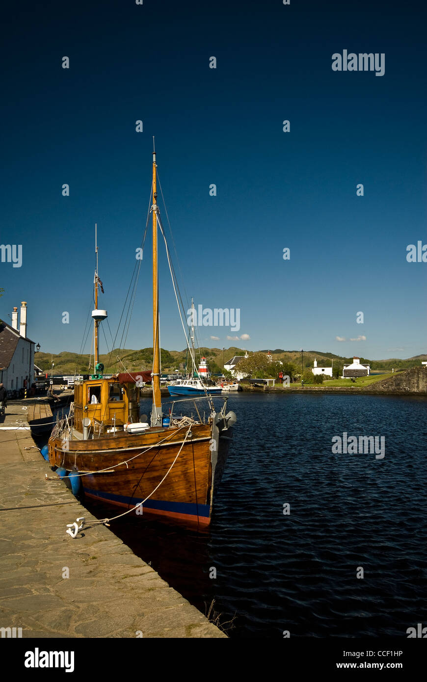 Scotland Crinan canal wood ketch moored Stock Photo - Alamy