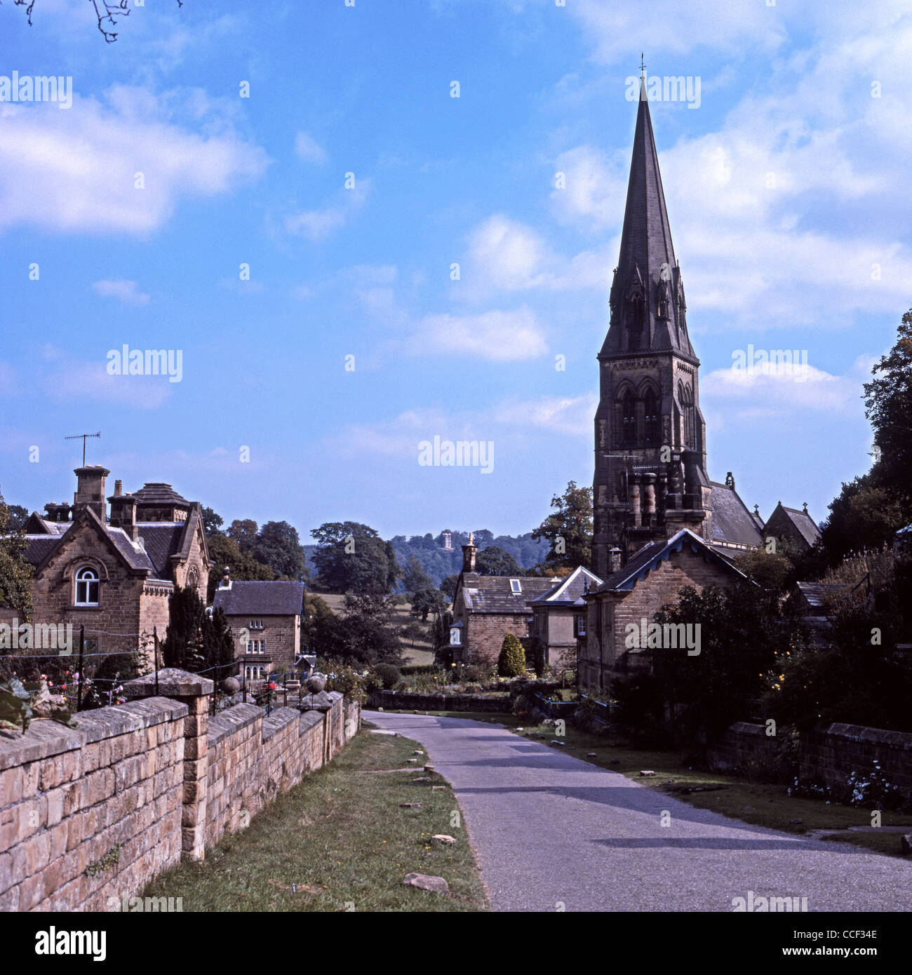 St. Peters church and village houses, Edensor, Derbyshire, England, UK ...