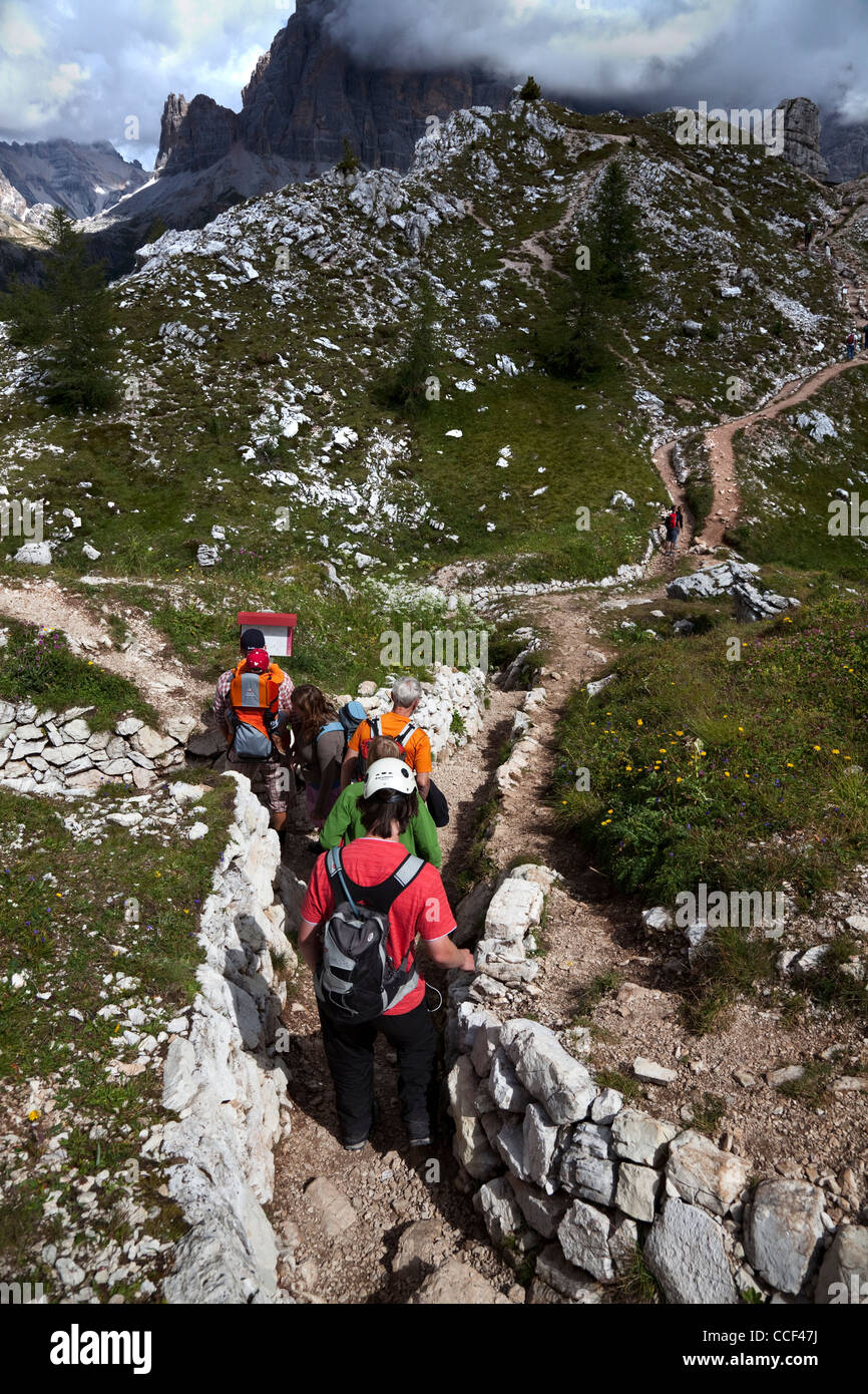 Tourists in the Old war trenches at Cinque Torri, Dolomites Alps Italy ...