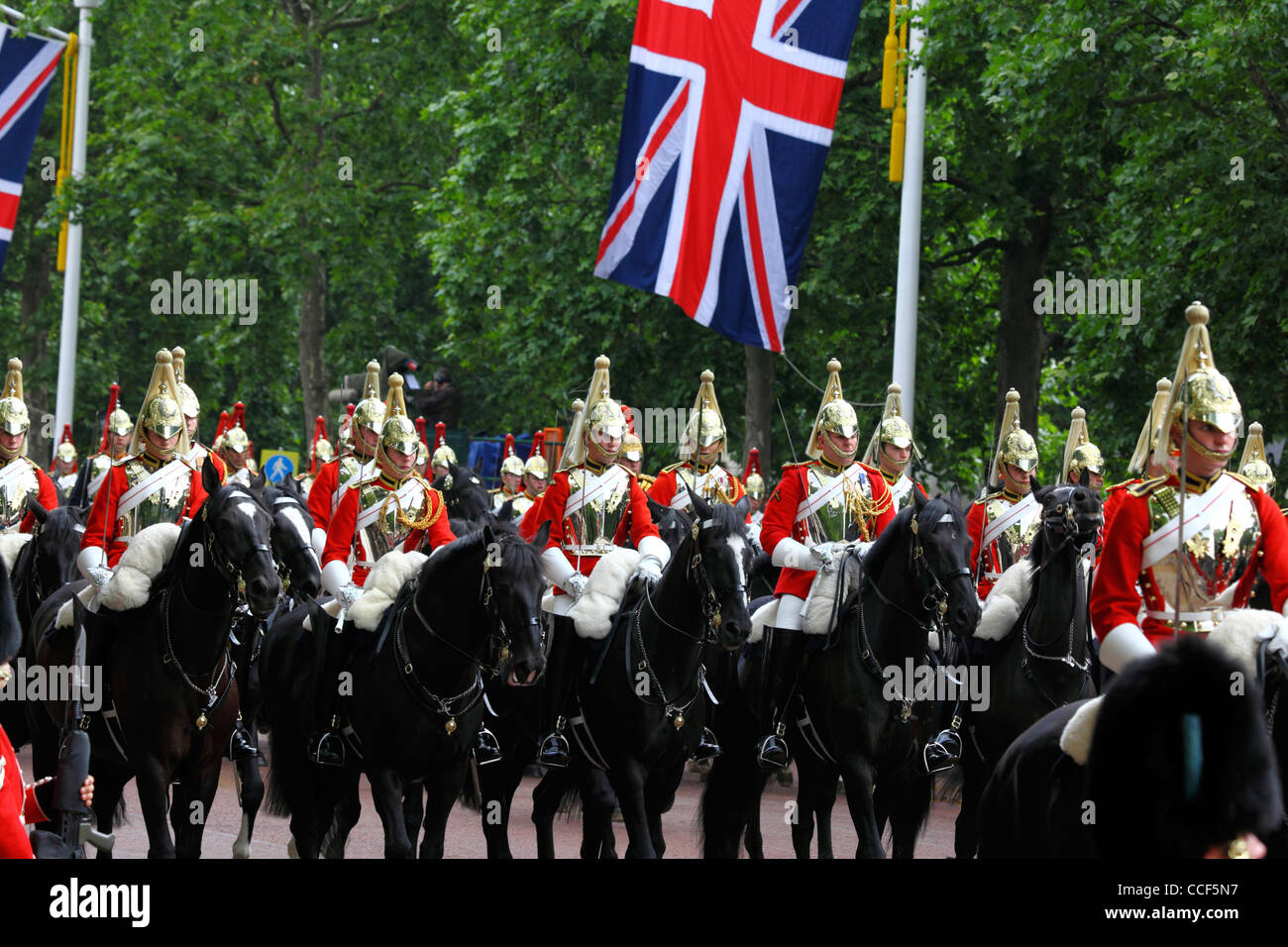 Household Cavalry Life Guards passing along Pall Mall during Trooping ...