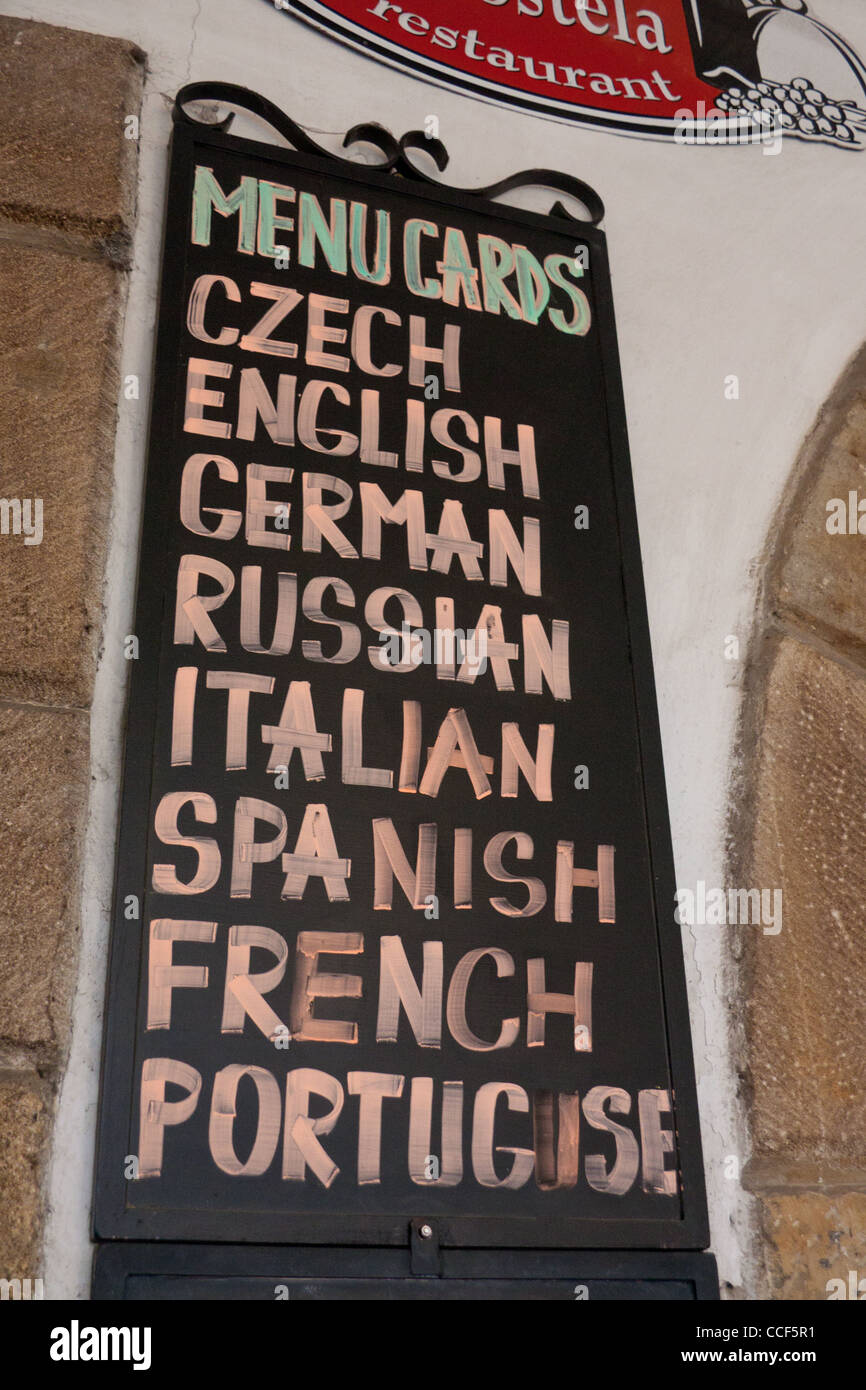 Restaurant blackboard with list of languages they have menu cards in ...