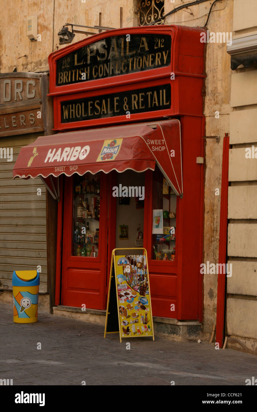 An old fashioned sweet shop front in Valletta advertising Haribo sweets ...