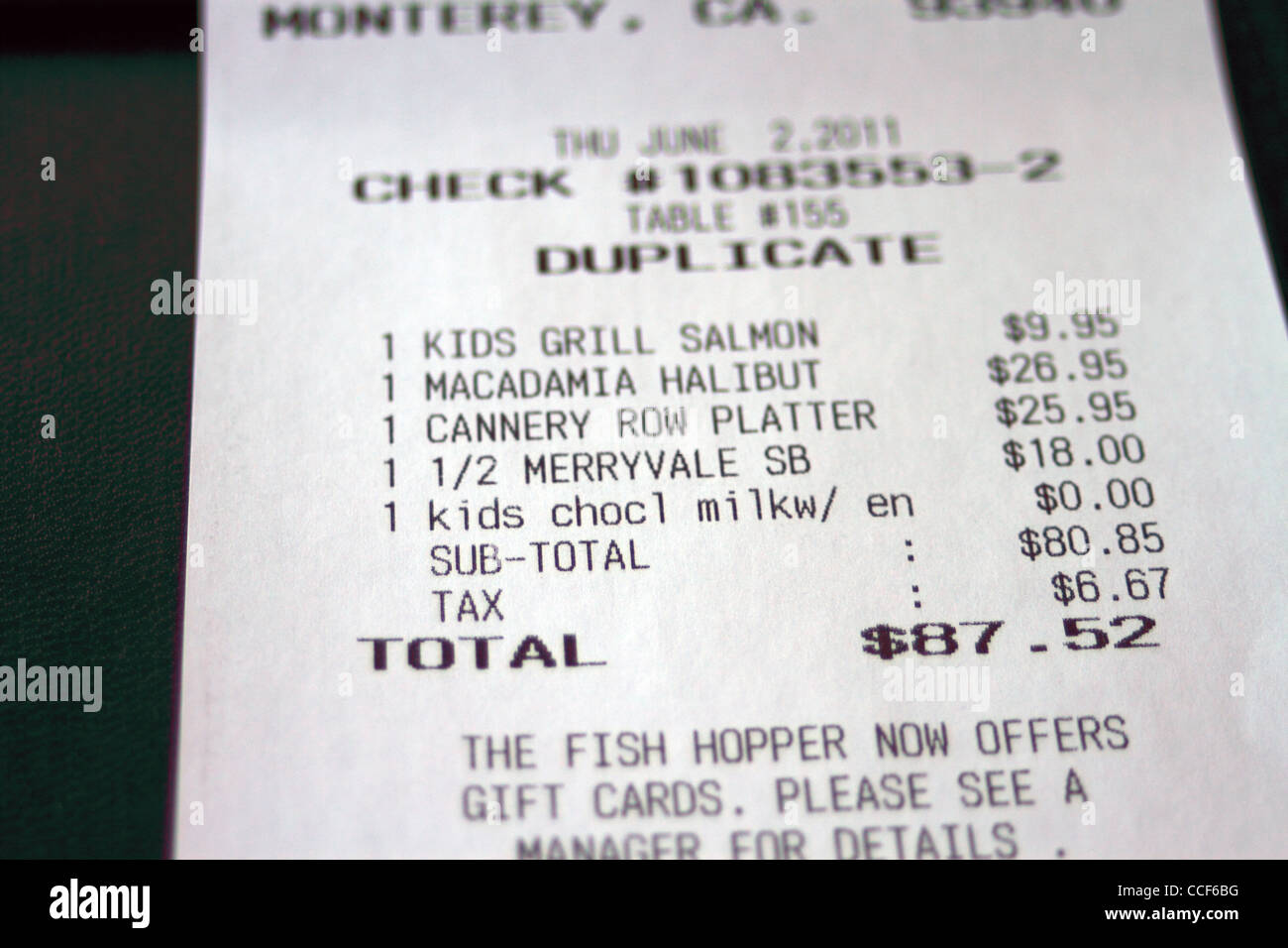 Monterey - California - Restaurant check or bill, kids grill salmon ...
