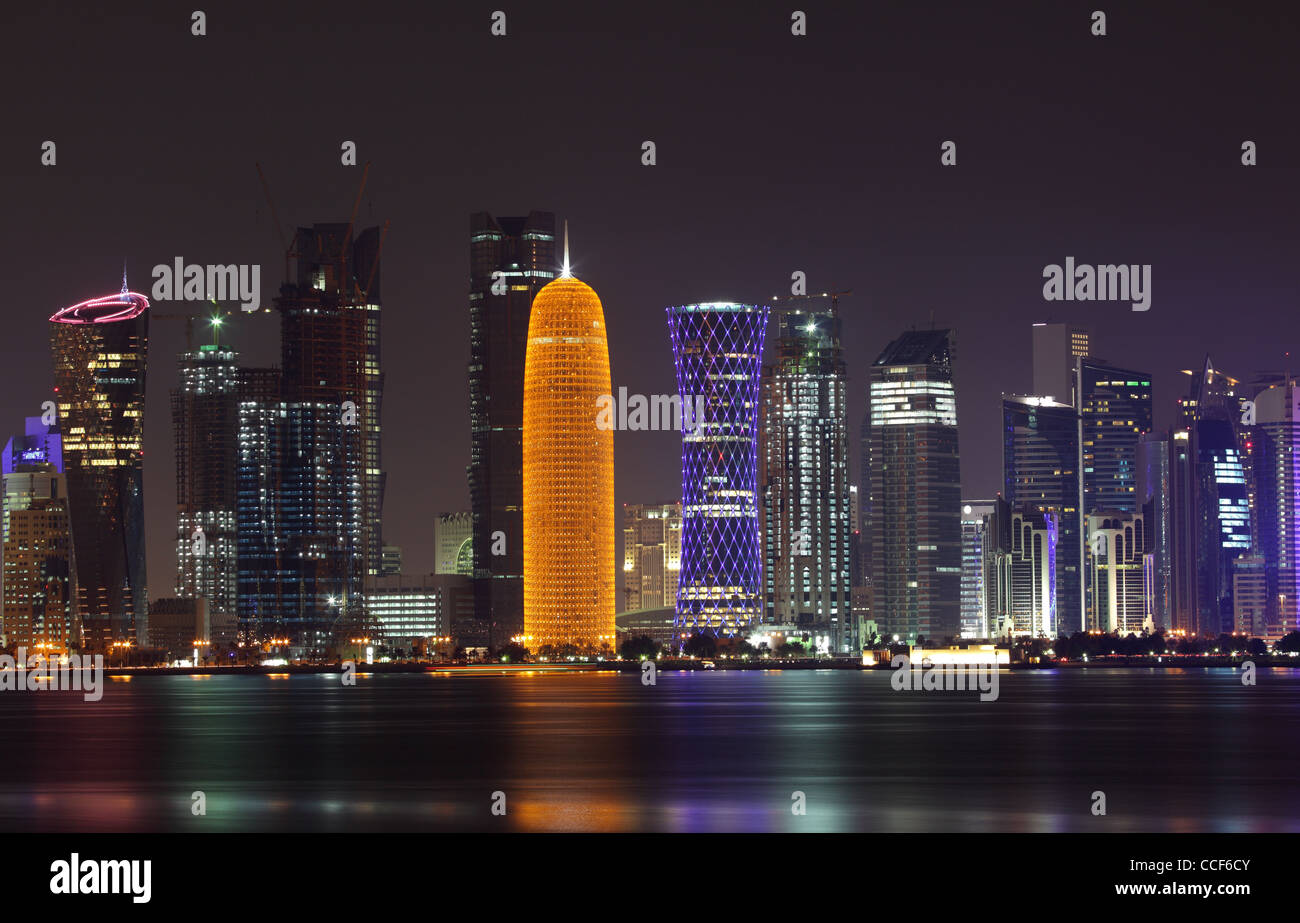 Doha skyline at night, Qatar, Middle East Stock Photo - Alamy