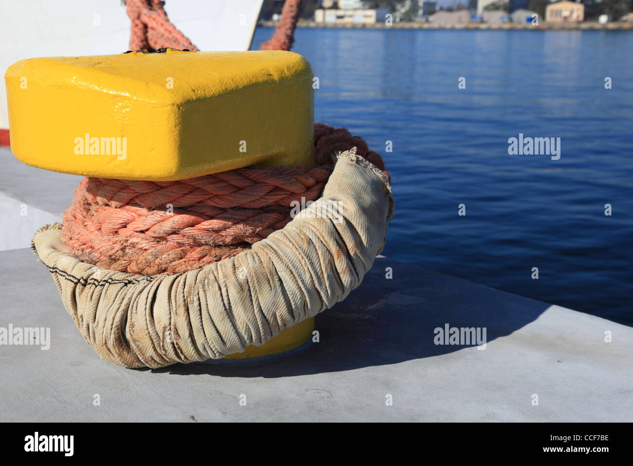 port detail and ship to fasten the mooring rope to the bollard Stock ...