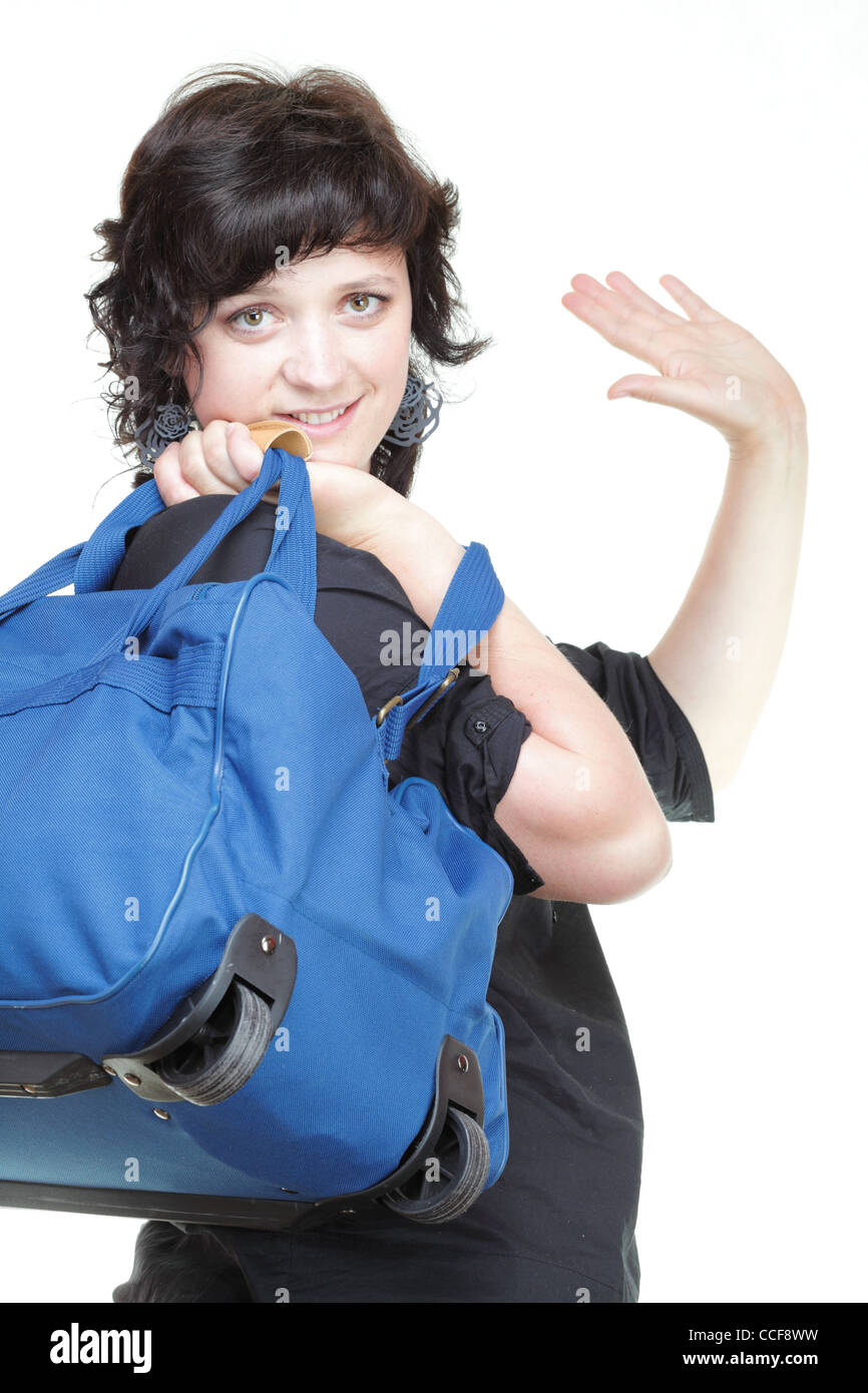 woman waving hand - goodbye in black and blue shoulder bag isolated on ...