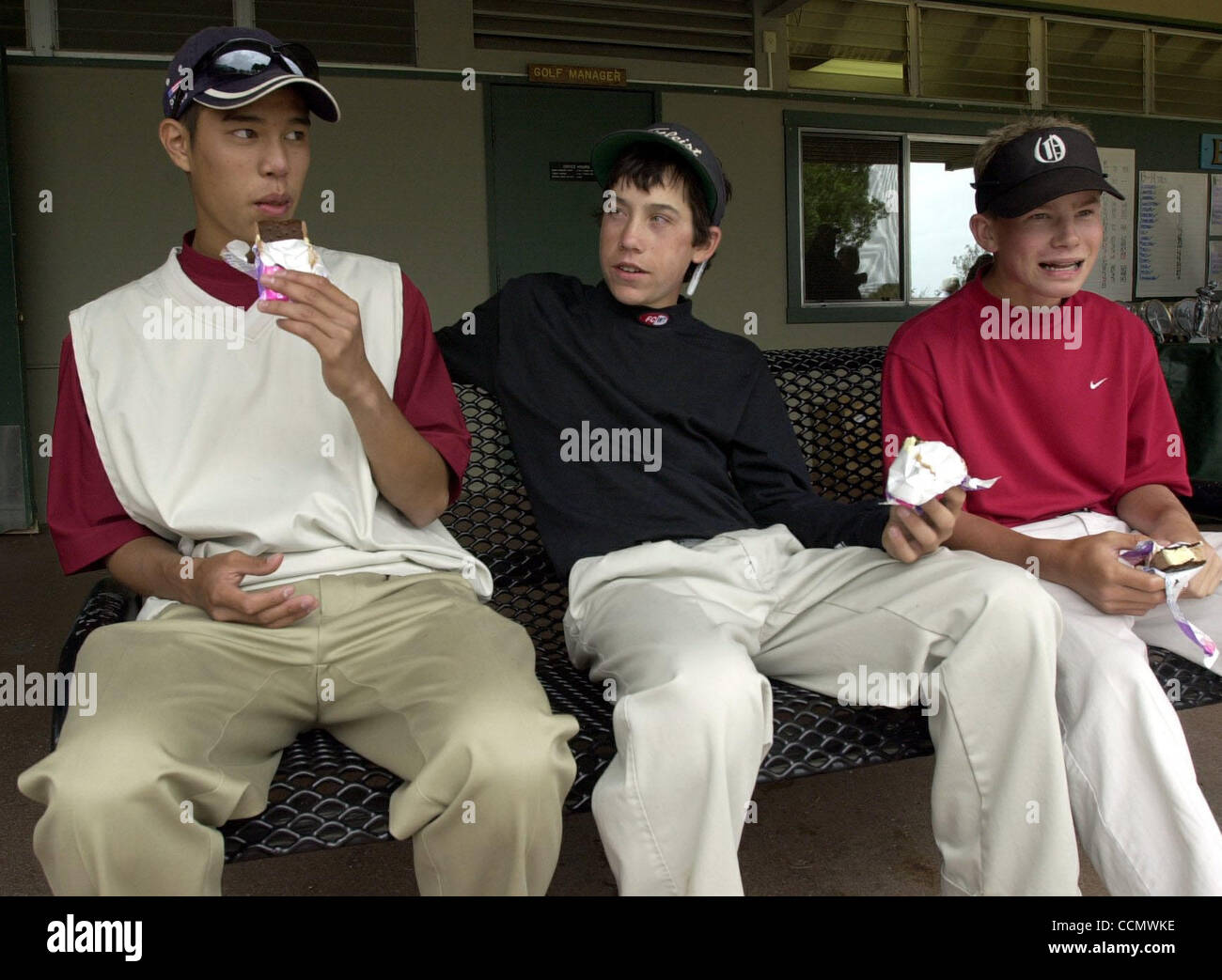 Blake Yu, left, Ryan Thomas, middle, and Andrew Wood, right, relax ...