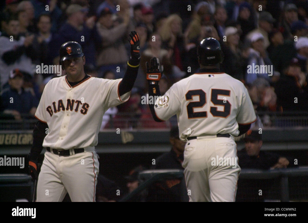 San Francisco Giants catcher A.J. Pierzynski, left, greets Barry Bonds ...