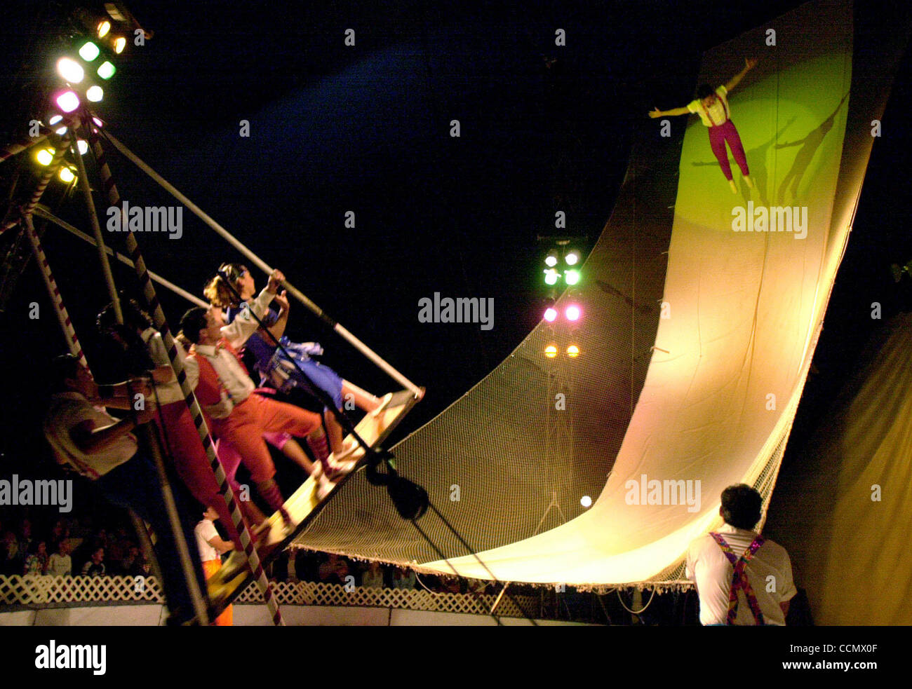 An acrobat is launched into a net during a Russian Swing performance at ...