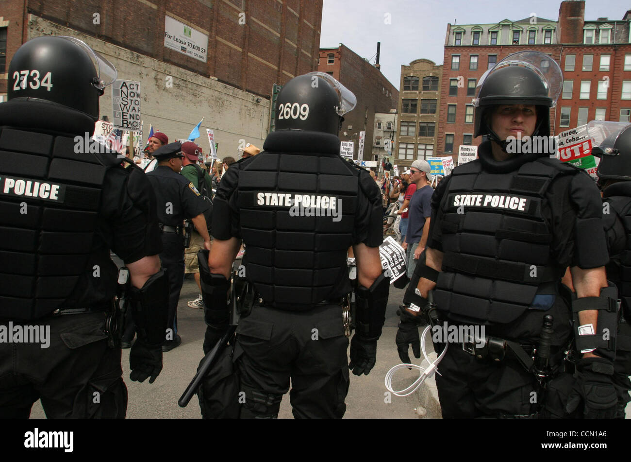 Jul 25, 2004; Boston, MA, USA; State Police in riot gear are out in ...