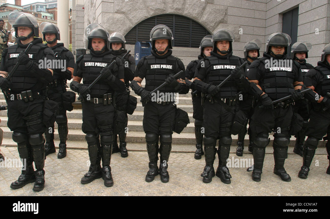 Jul 25, 2004; Boston, MA, USA; State Police in riot gear are out in ...