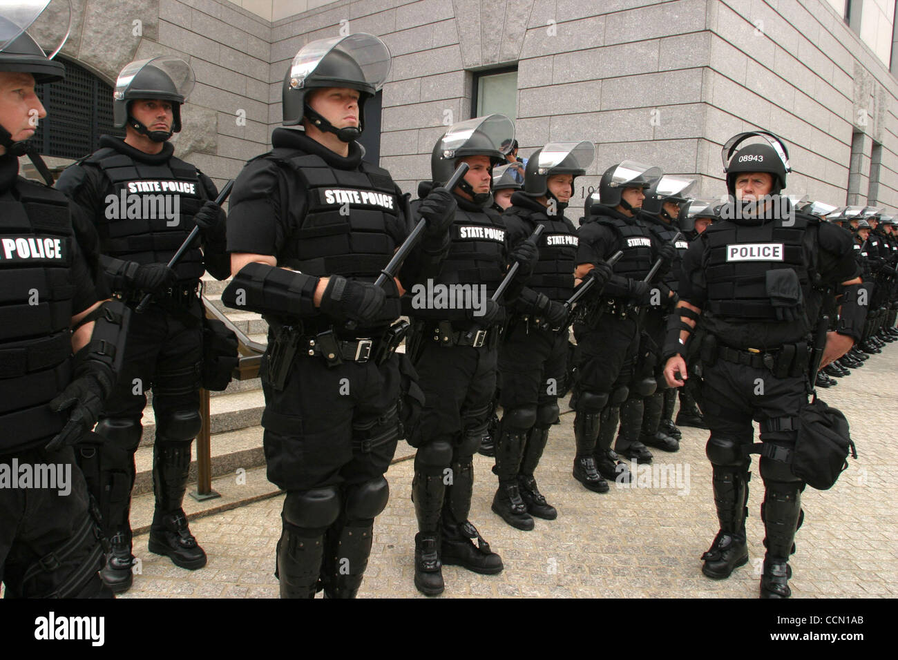 Jul 25, 2004; Boston, MA, USA; State Police in riot gear are out in ...