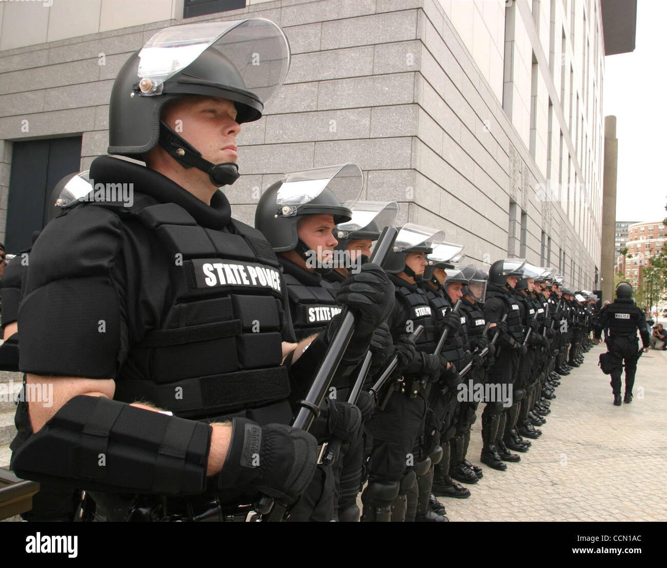 Jul 25, 2004; Boston, MA, USA; State Police in riot gear are out in ...