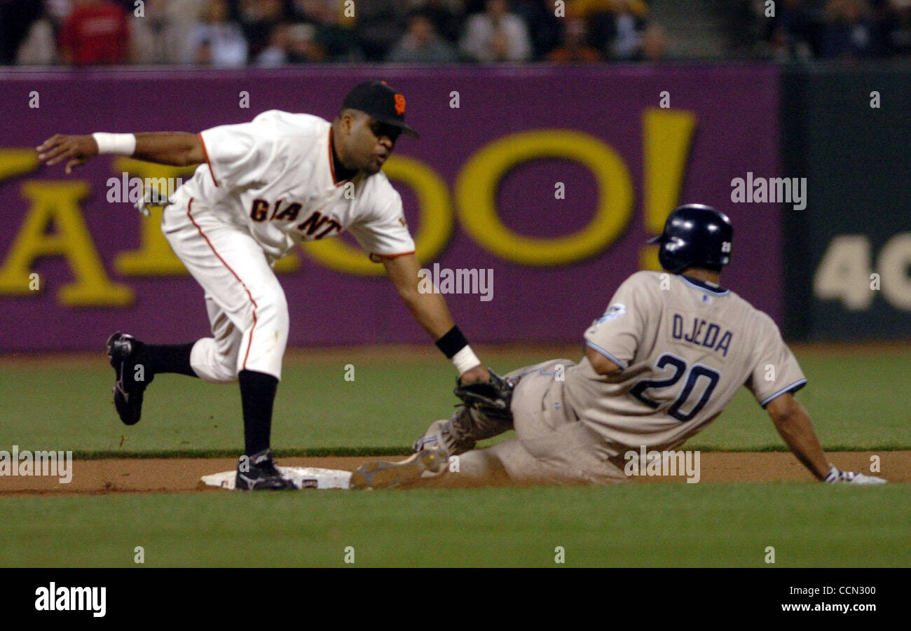 Neifi Perez of the Giants gets out Miguel Ojeda of the Padres as he ...