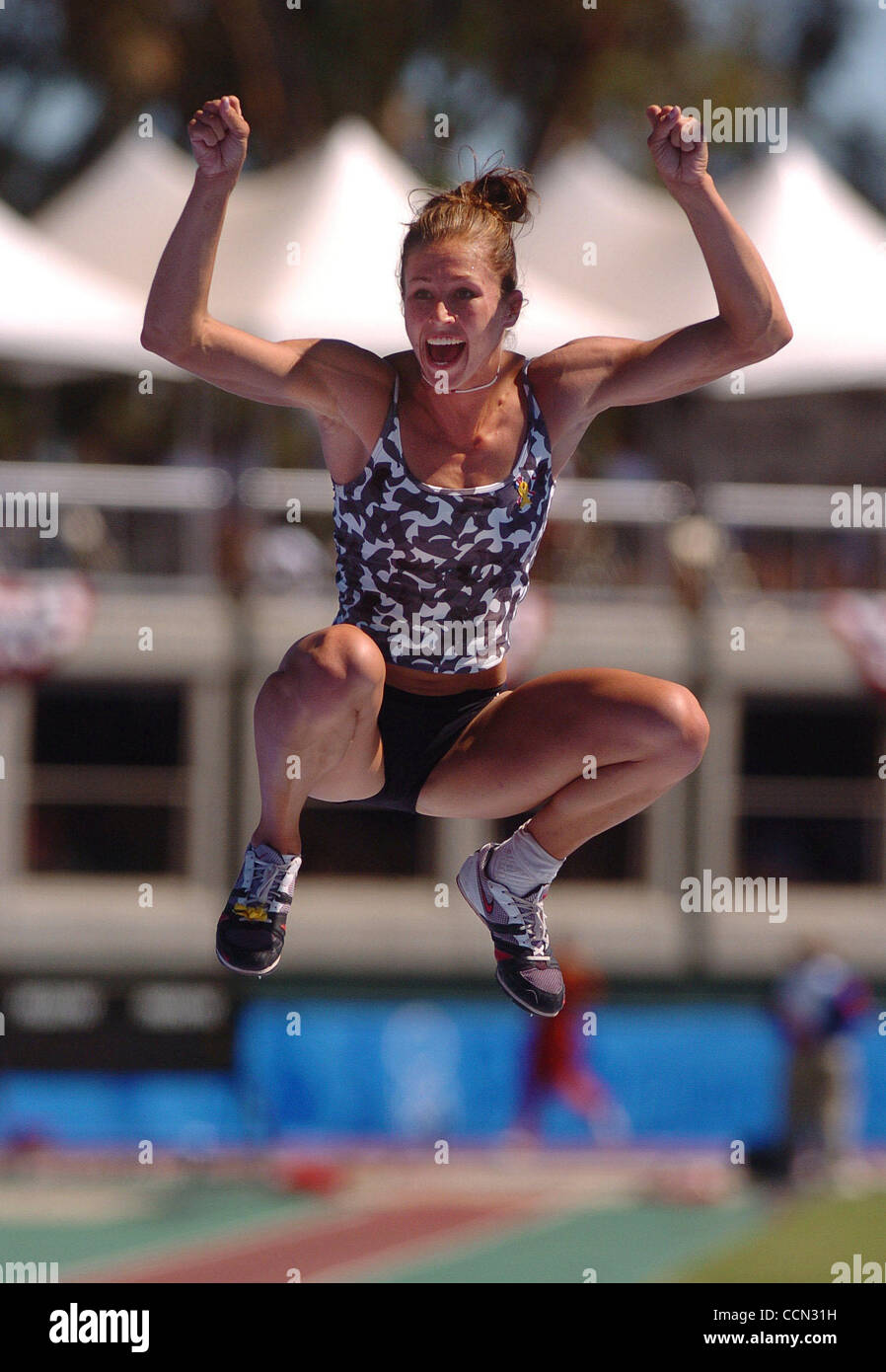 April Steiner celebrates after clearing 4.55 meters in the Women's Pole ...