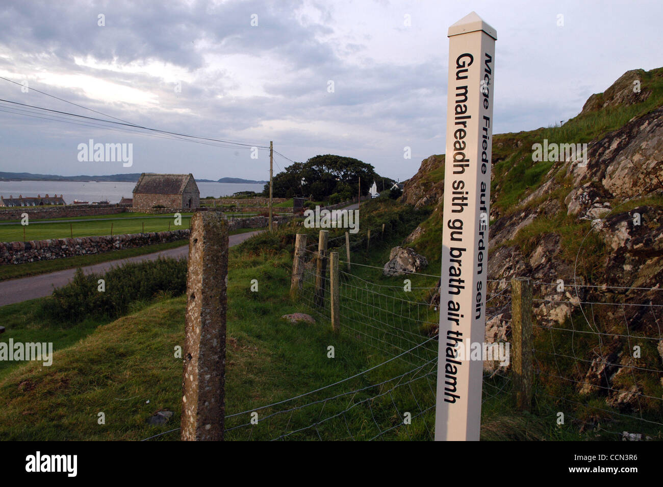 World peace sign in various languages, Isle of Iona, Scotland. ©Robin ...