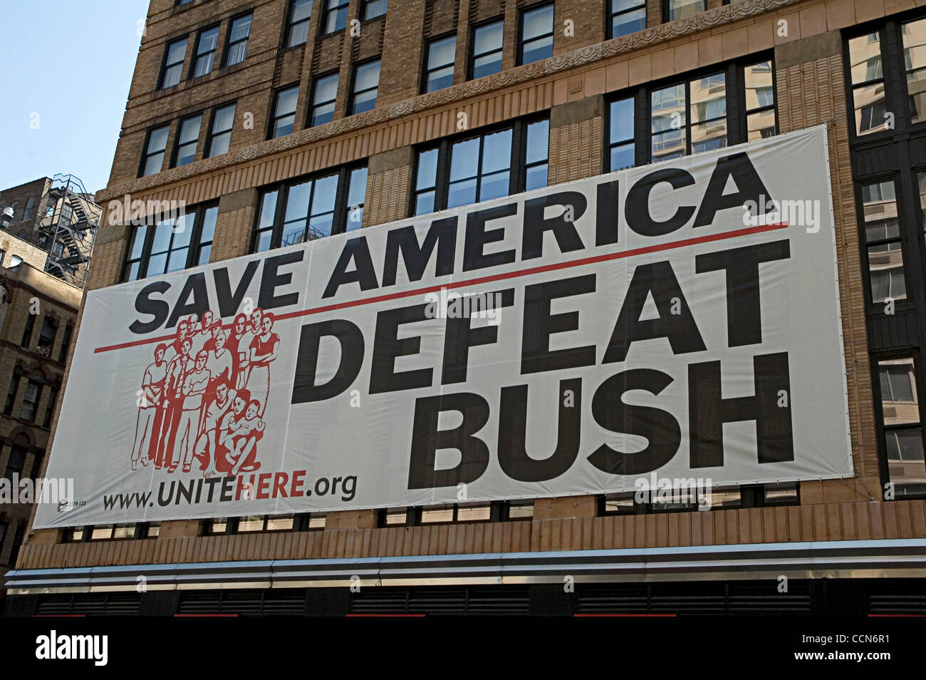 Aug 29, 2004; New York, NY, USA; Anti-Bush banner on a building at the ...