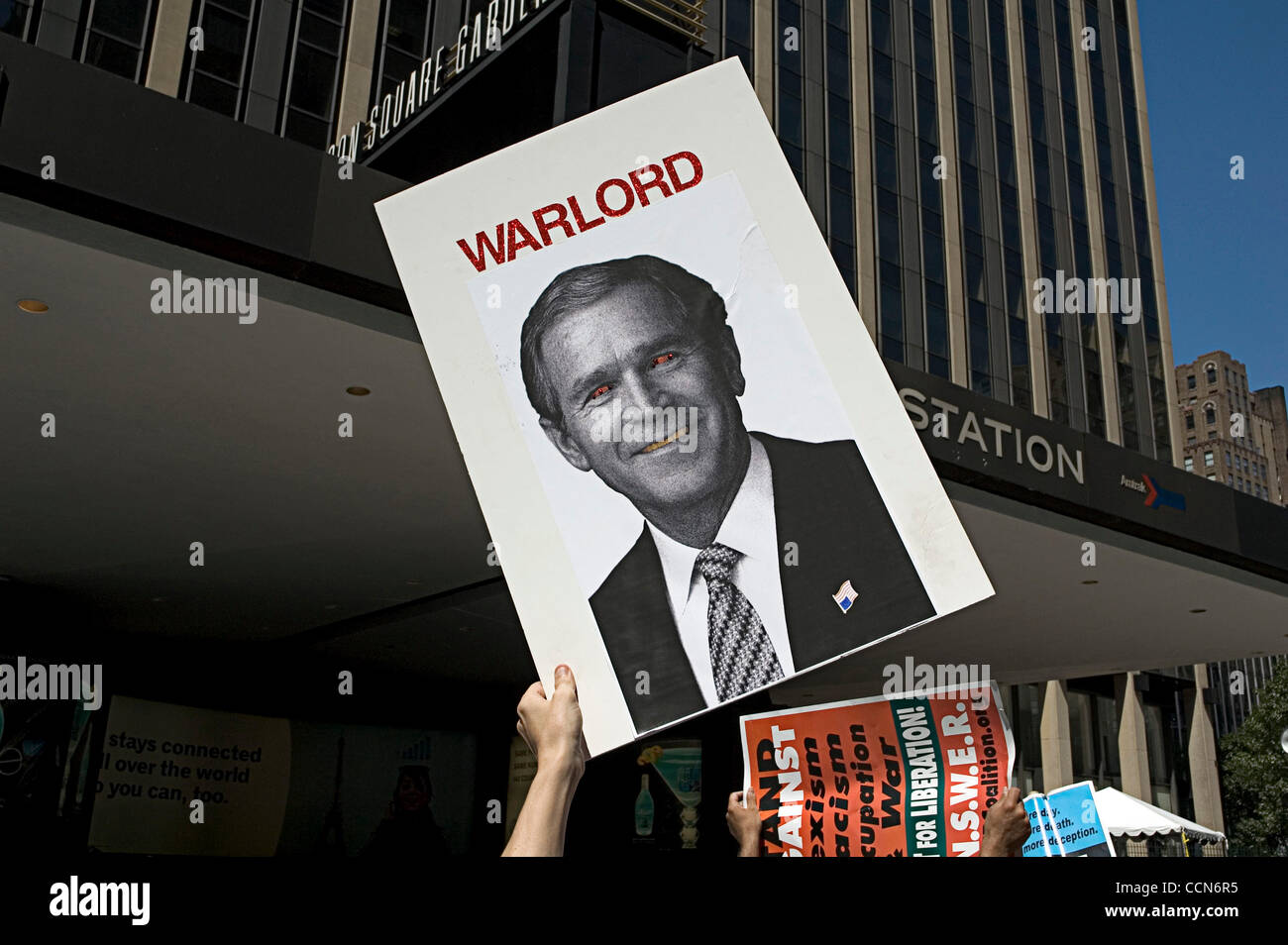 Aug 29, 2004; New York, NY, USA; Anti-Bush protest sign at the UPFJ ...