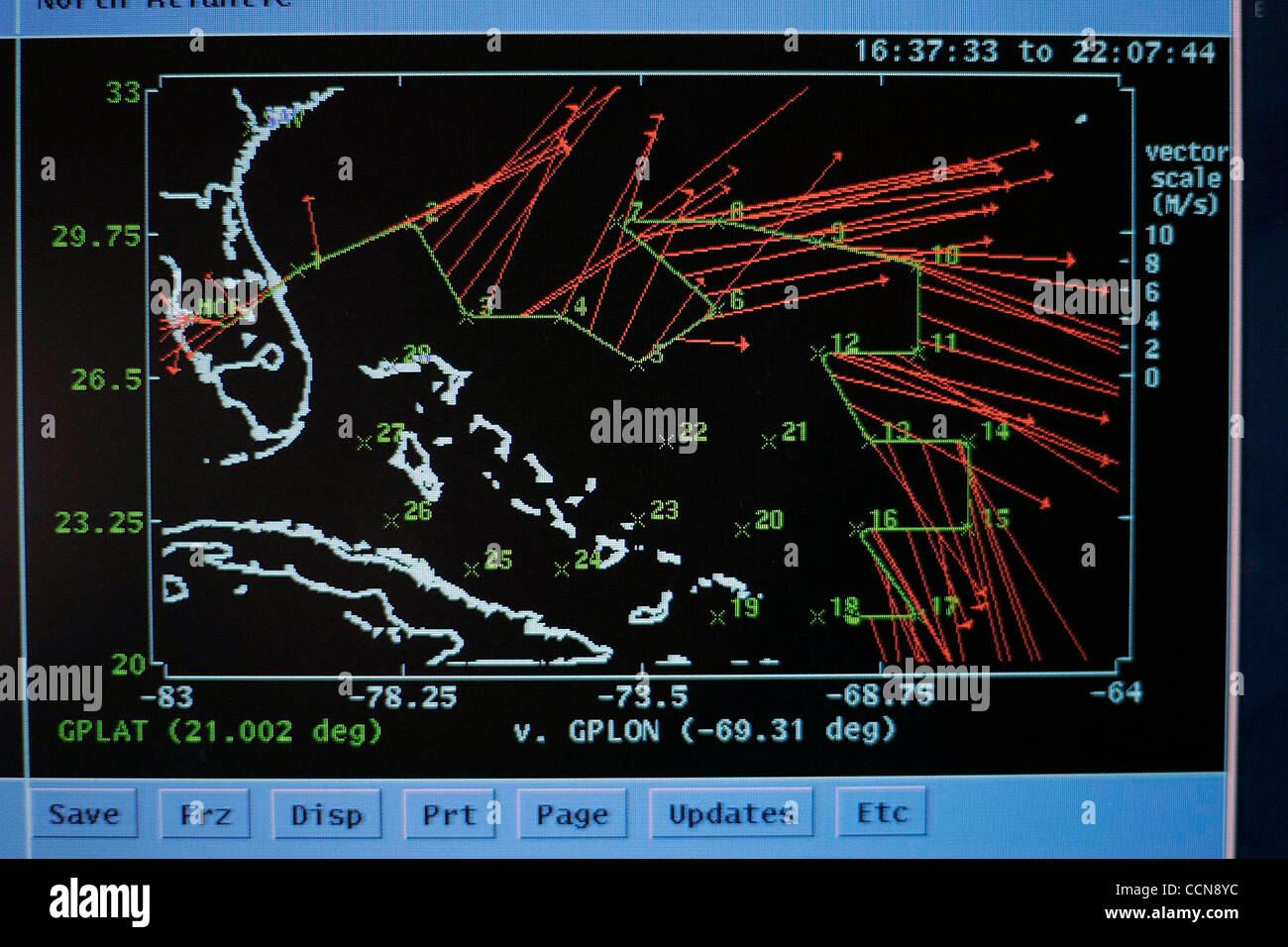 A computer monitor shows the flight path of the Hurricane Hunter ...