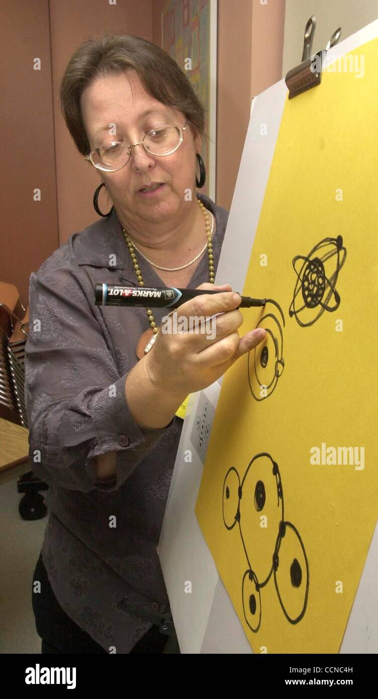 (PUBLISHED 10/2/2004, NI-4) NANCY CARSTENSEN draws diagrams of atoms as ...