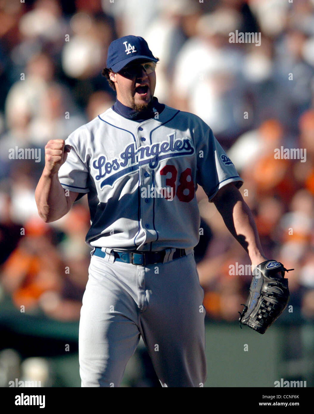 Los Angeles Dodgers Eric Gagne pumps his fist after what he thought was ...