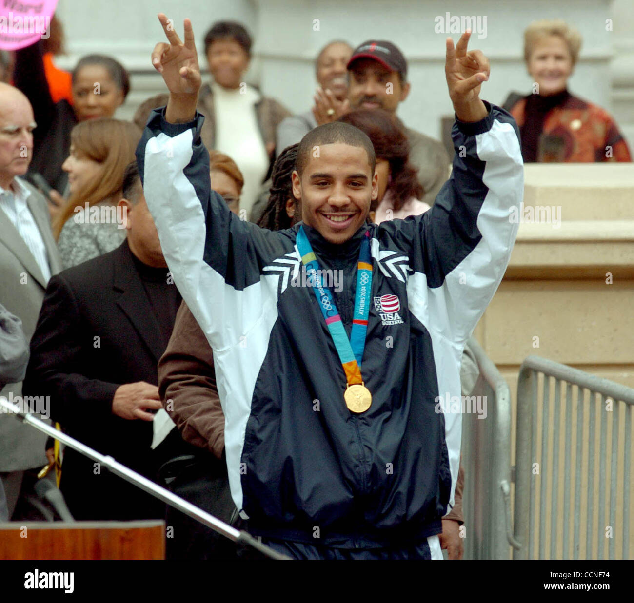 Olympic Boxer Gold Medalist Andre Ward reacts the crowd gathered in his ...