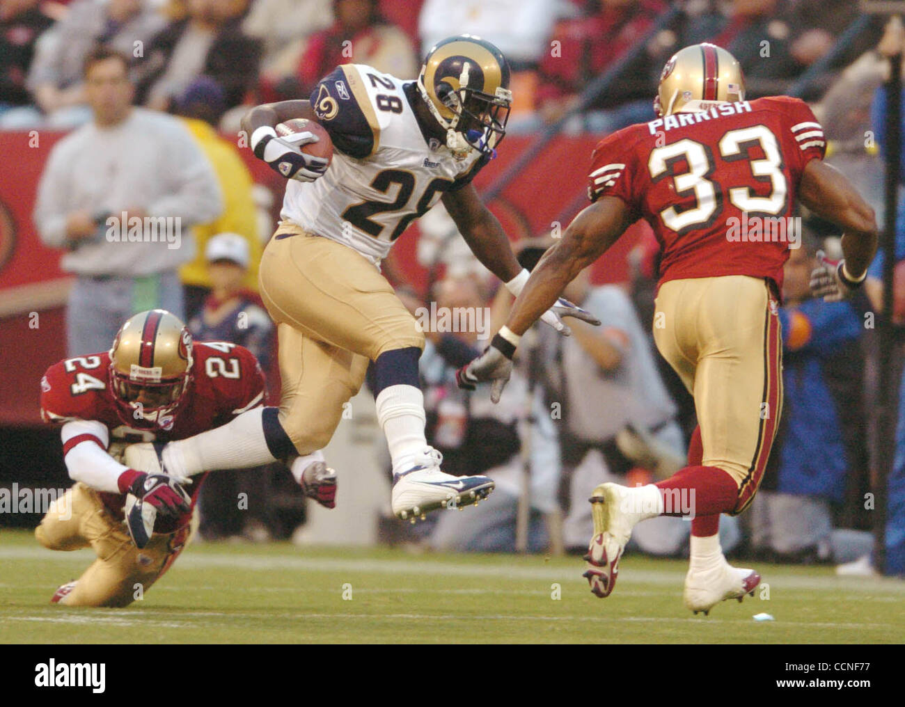 St. Louis Rams running back Marshall Falk goes airborne as San ...