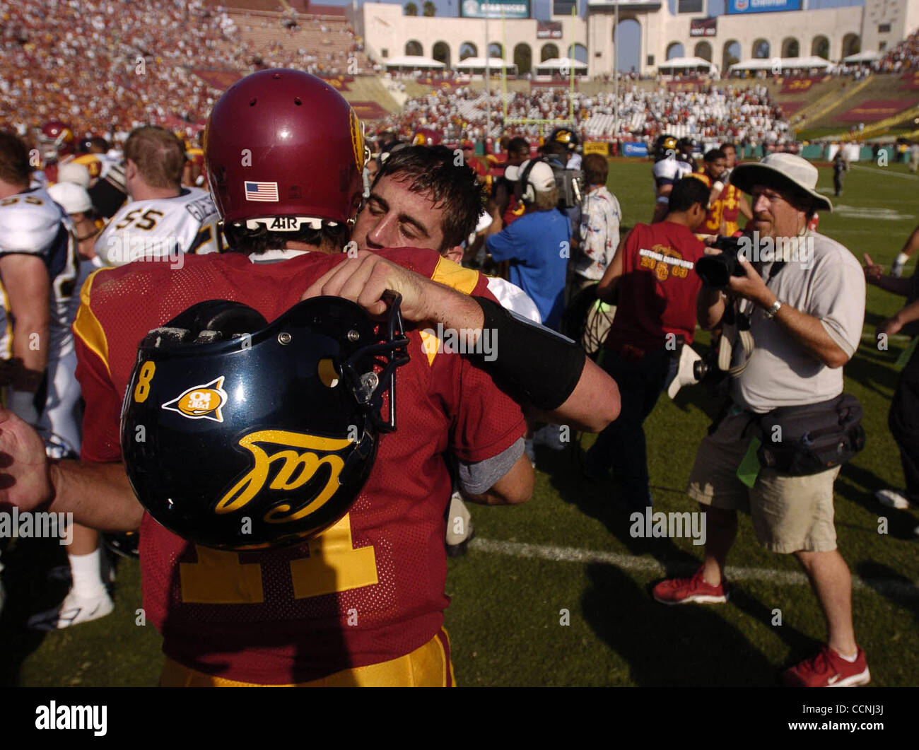 Cal's quarterback Aaron Rodgers, #8, congratulates USC's quarterback ...