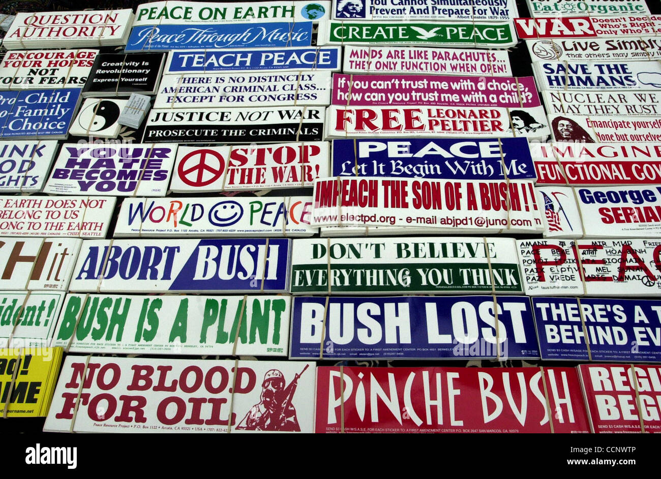 Feb 15, 2003; Hollywood, CA, USA; Anti war bumper stickers available ...