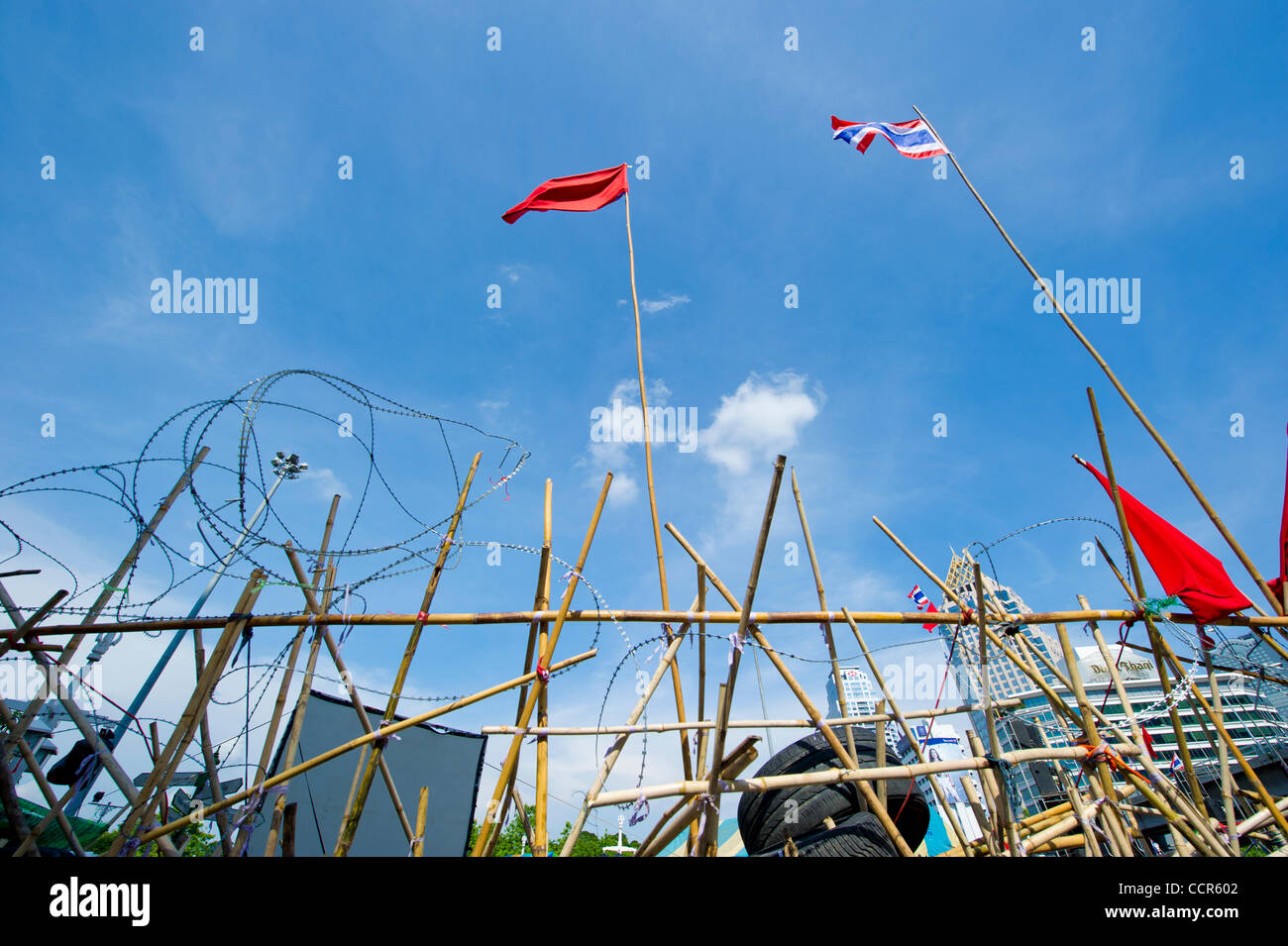 Red Shirts barrier of tires, barb wires and sharpened bamboo sticks ...