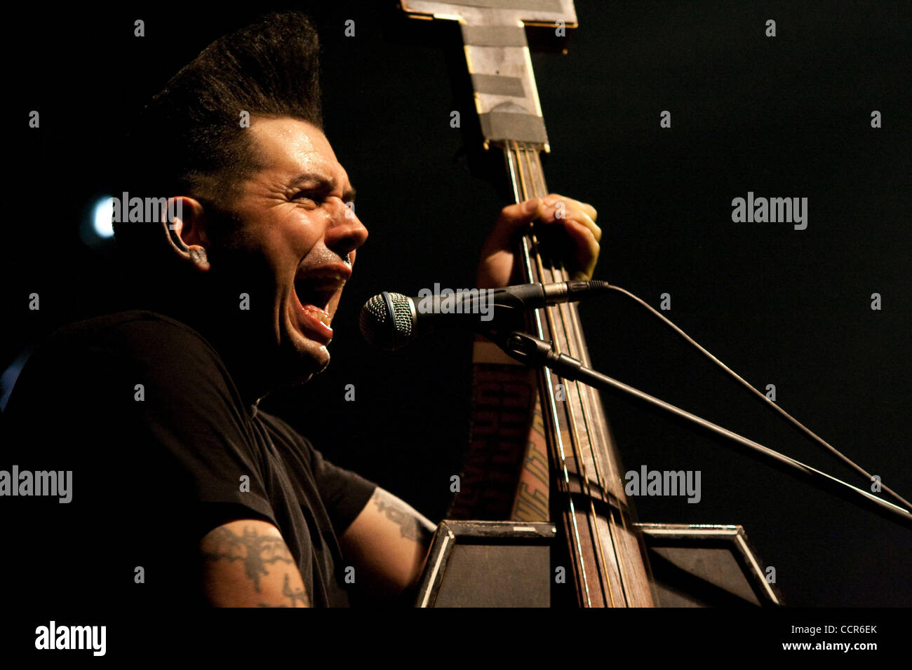 Danish psychobilly band Nekromantix performing in Moscow. Pictured: Kim ...