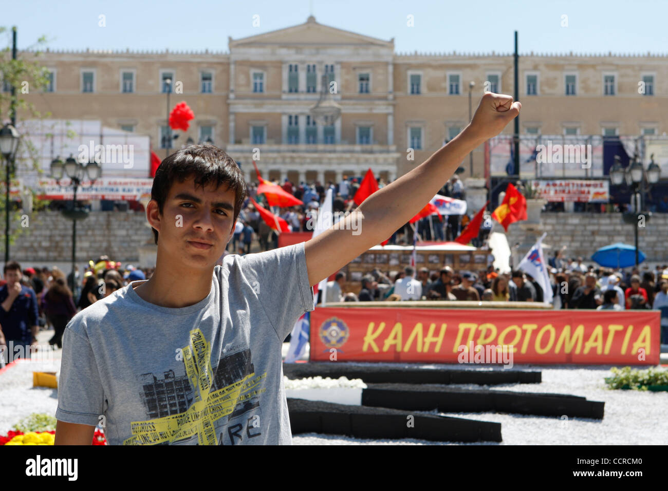May 01, 2010 - Athens, Greece - A teenager pose with Greek Parliament ...