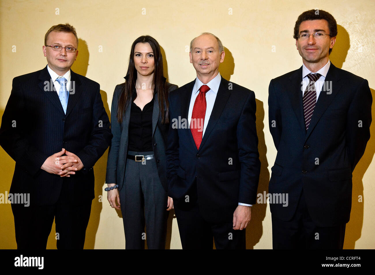 EU Budget Commissioner Janusz Lewandowski (3L) and his cabinet members ...