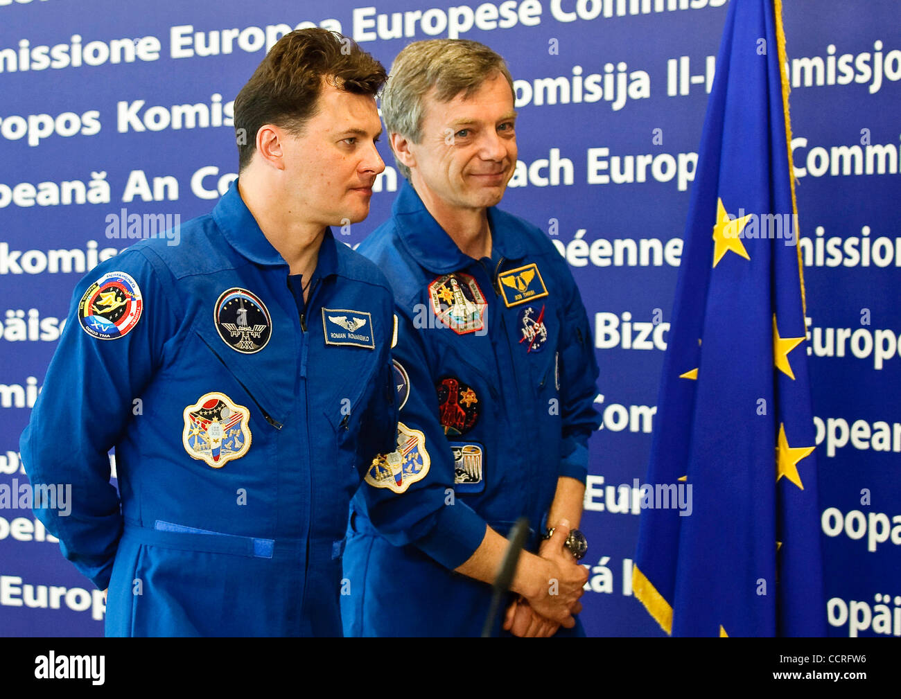 Last International Space Station (ISS) crew Roman Romanenko (L) from ...