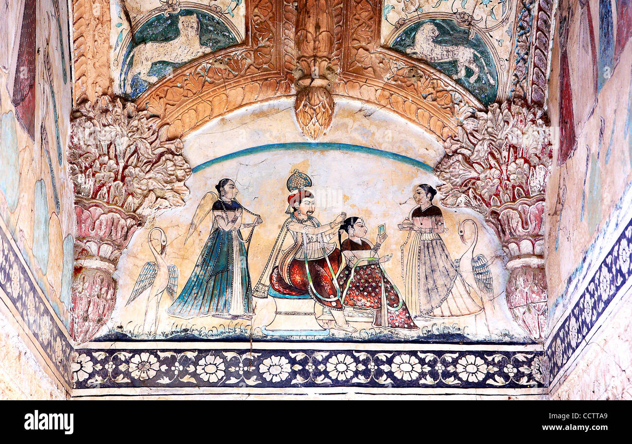 Beautiful fresco depicting Krishna braiding Srimati Radharani’s hair is ...