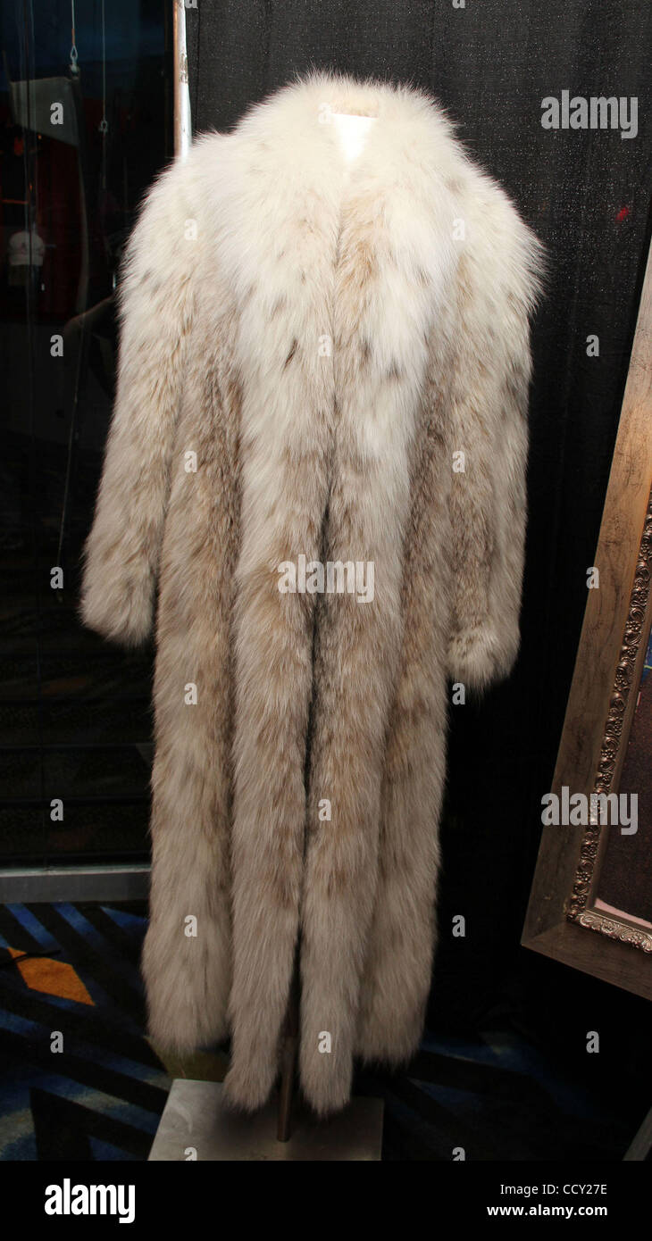 A view of a fox fur coat marked 'Sorbara for Neiman Marcus' worn by ...