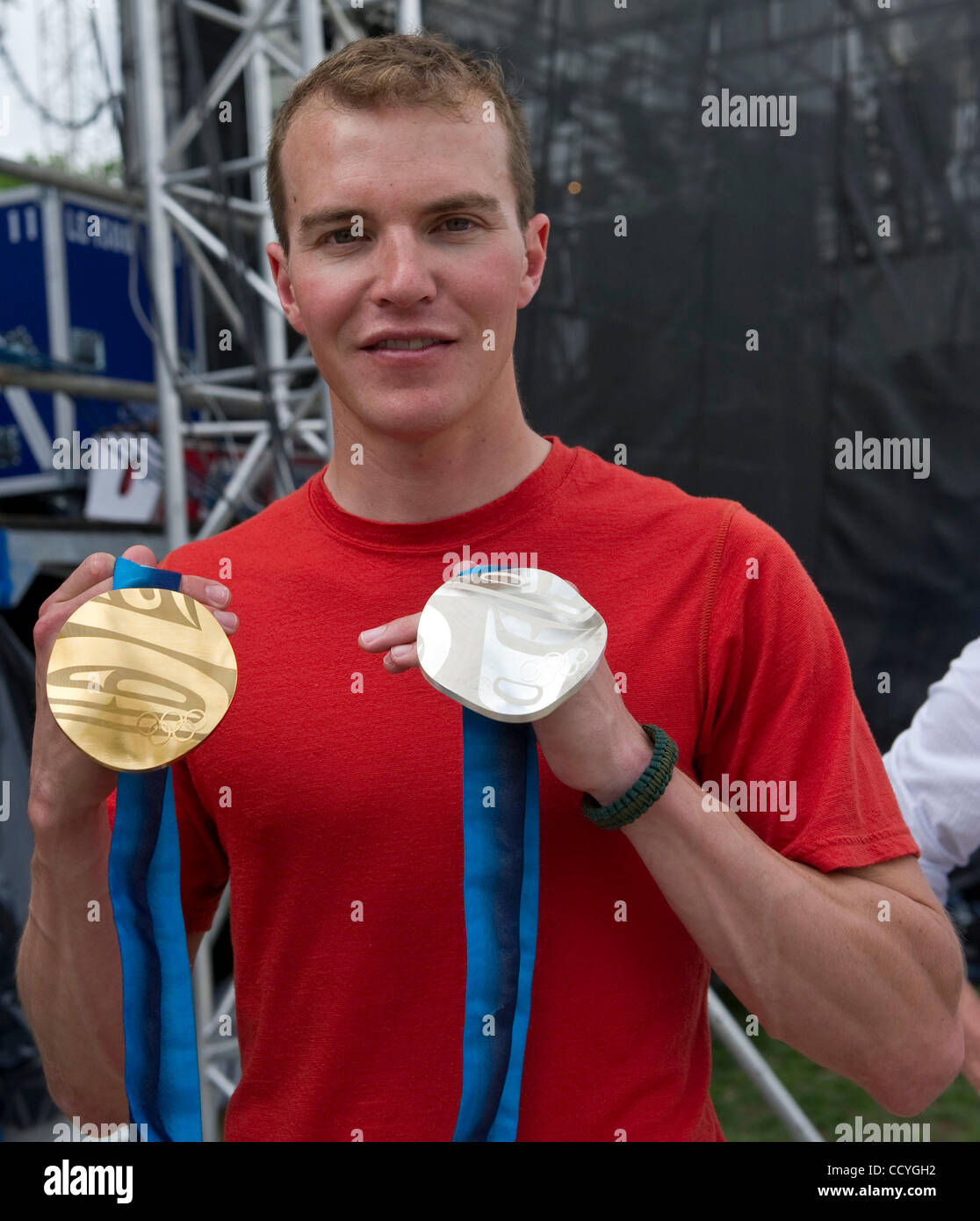 US Olympian Skier, Billy Demong with his Gold and Silver medals back ...